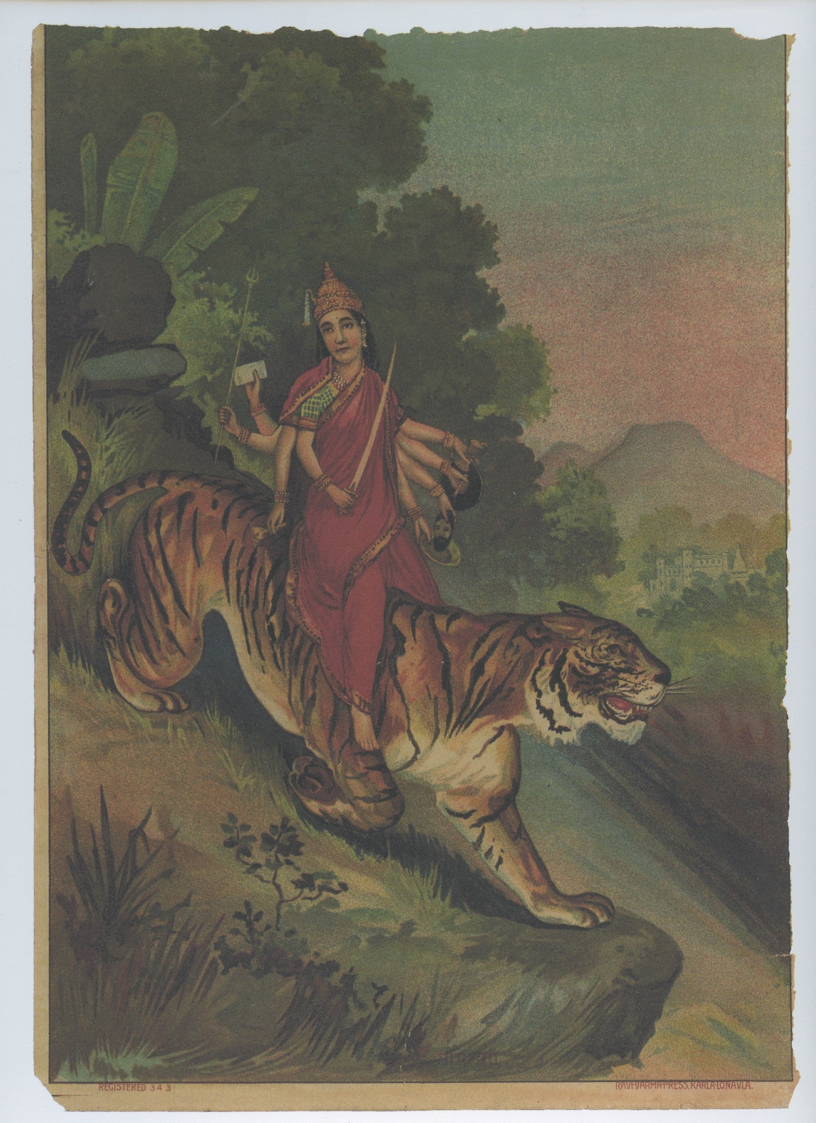 Durga Upon Her Tiger ... Contemporary Reprint of Vintage Indian Print ...