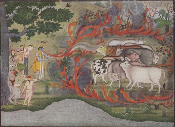 Krishna Swallows the Forest Fire Indian Miniature Painting | Etsy