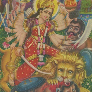 Durga as the Slayer of the Buffalo Demon ... Vintage Indian Hindu ...