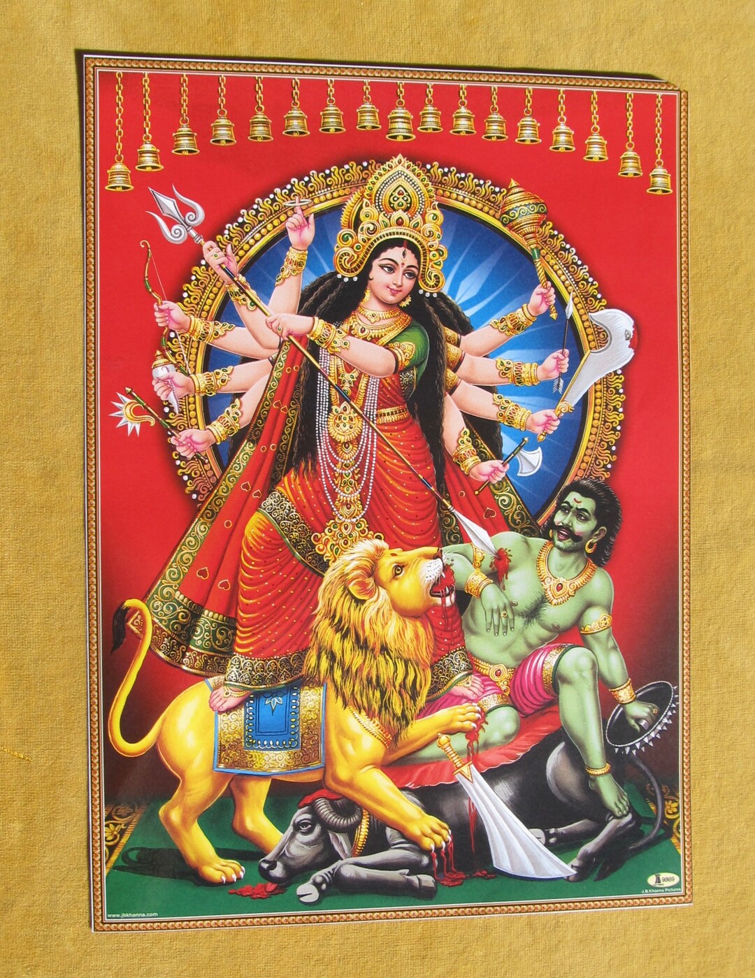 Durga as the Slayer of the Buffalo Demon ... Vintage-style Indian Hindu ...