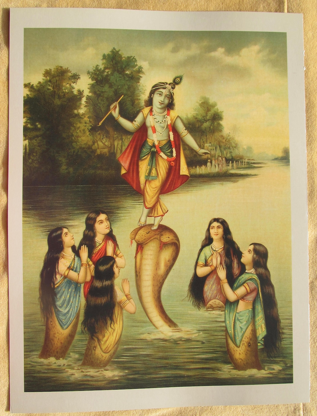 Krishna Dances Upon the Snake Kaliya - large Vintage-style Indian Hindu ...