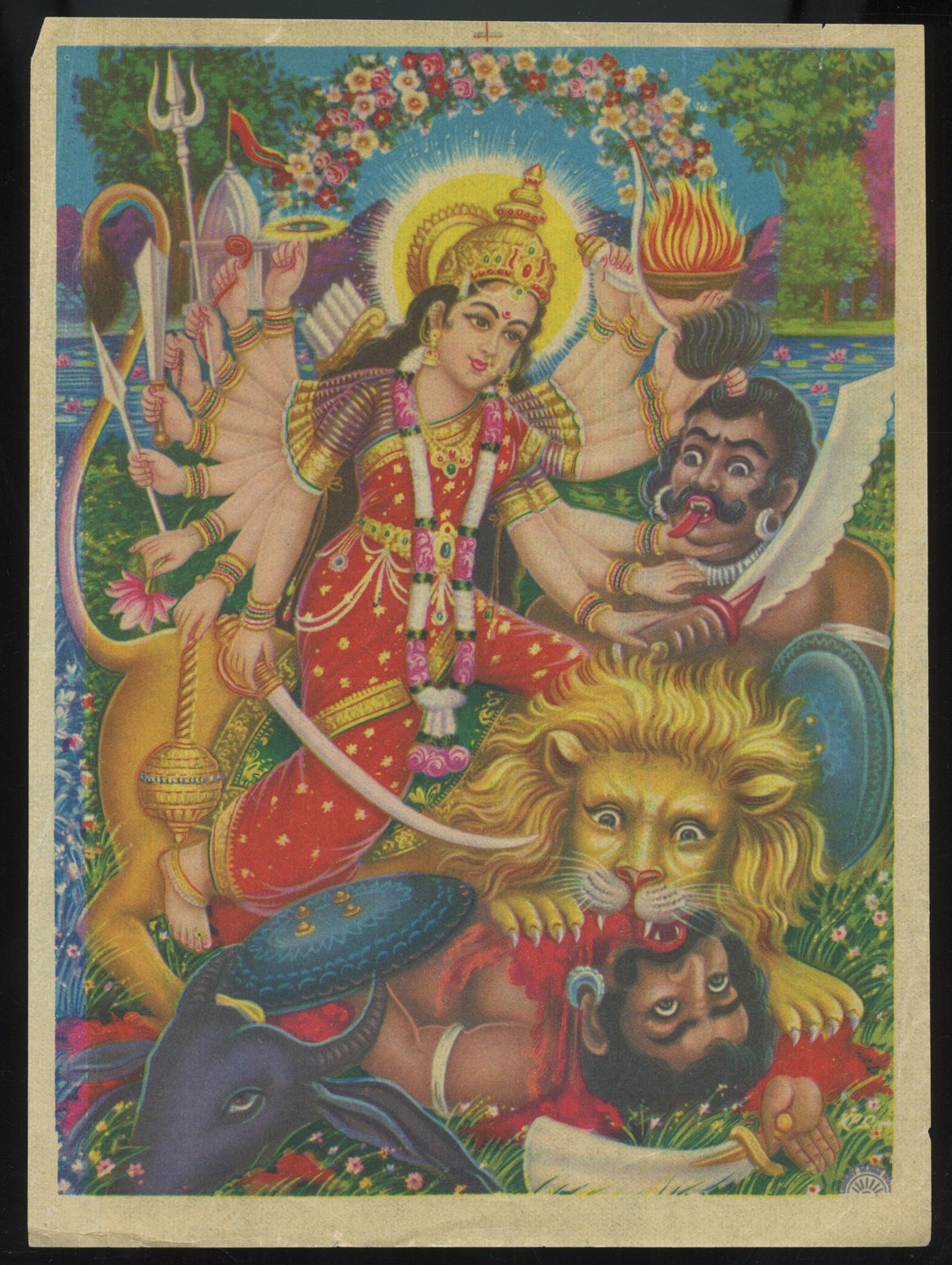 Durga as the Slayer of the Buffalo Demon ... Vintage Indian Hindu ...