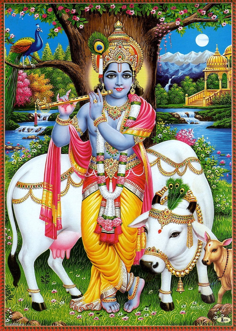 Krishna Art, Krishna ... Large Indian Vintage-style Devotional Print - Etsy
