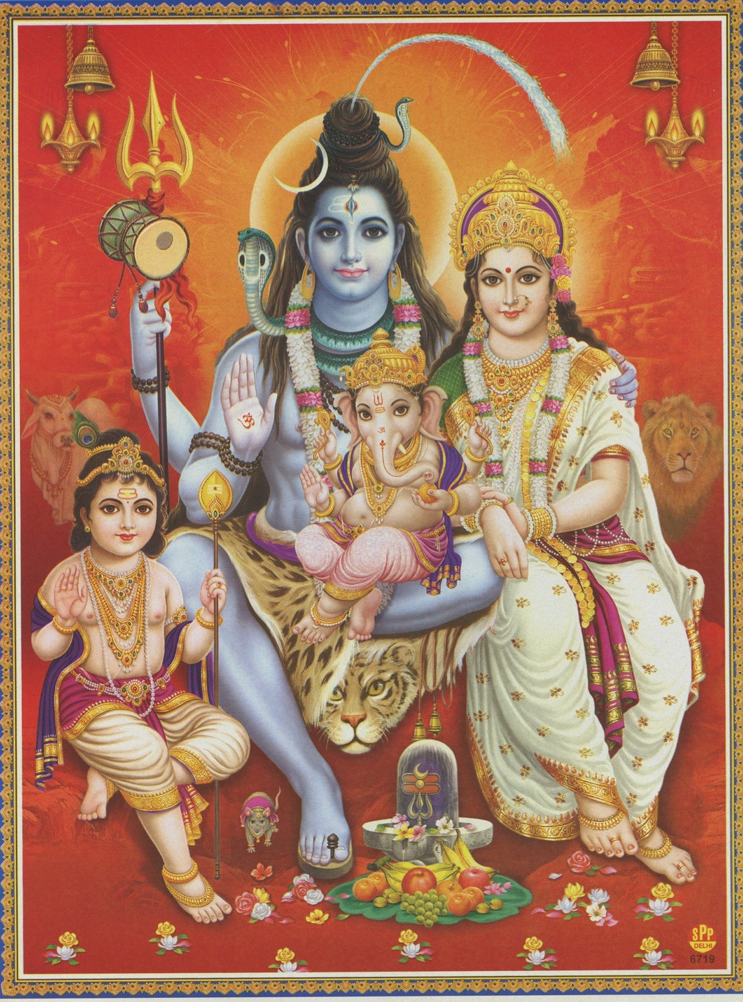 Shiva, Parvati & Their Sons ... Vintage-style Indian Hindu Devotional ...