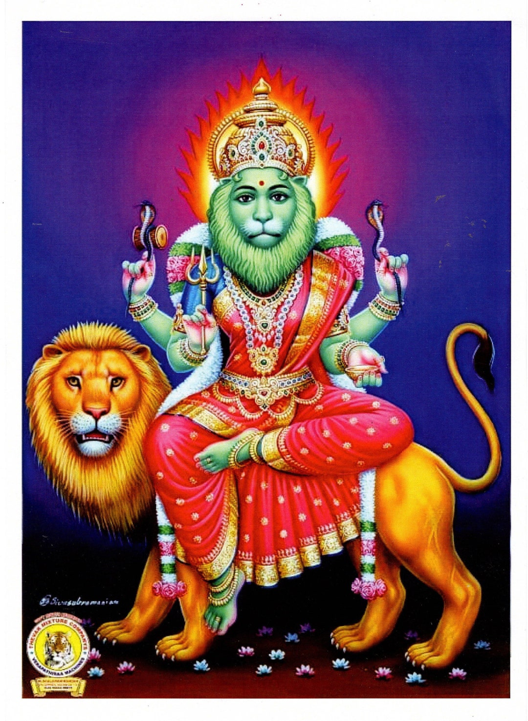 Goddess Narasimhi Mata ... Vintage-style Indian Hindu Devotional Print ...