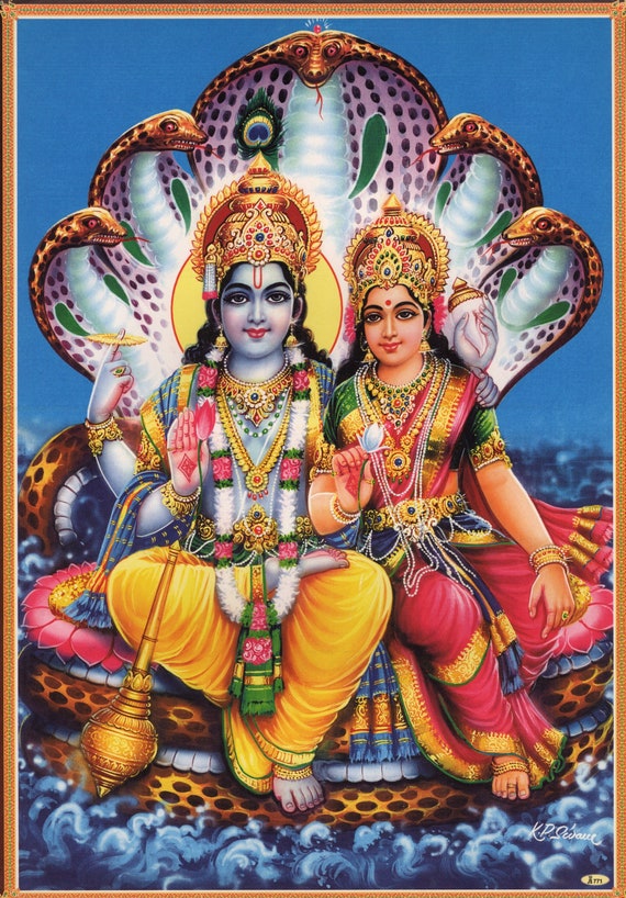 Vishnu Lakshmi Large Vintage style Indian Hindu Devotional poster print