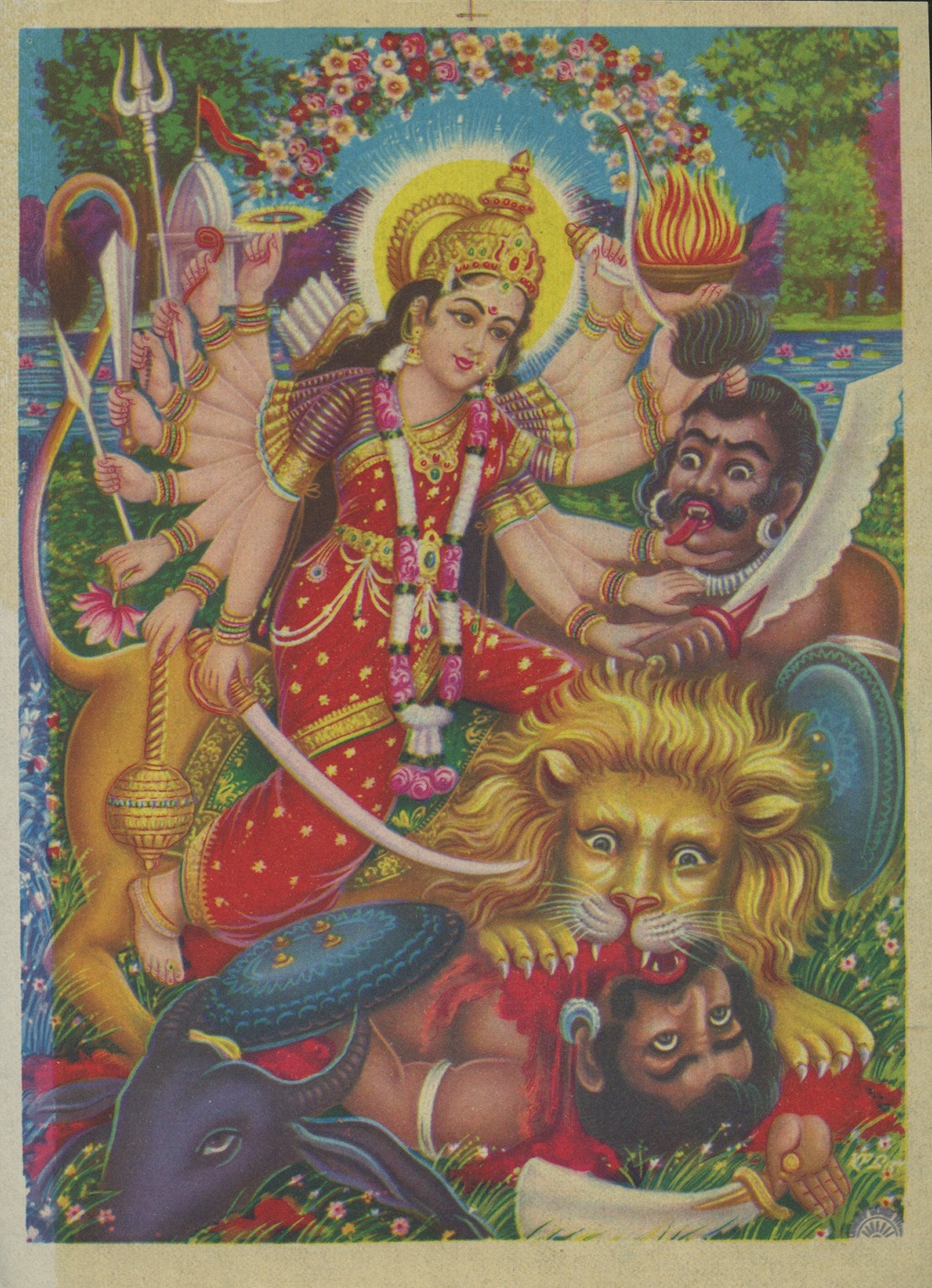 Durga as the slayer of the Buffalo Demon ... Vintage Indian | Etsy