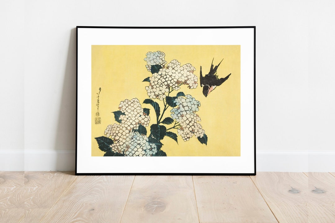 Hokusai's Hydrangea and Swallow - - Japanese Japan Bright Illustration ...