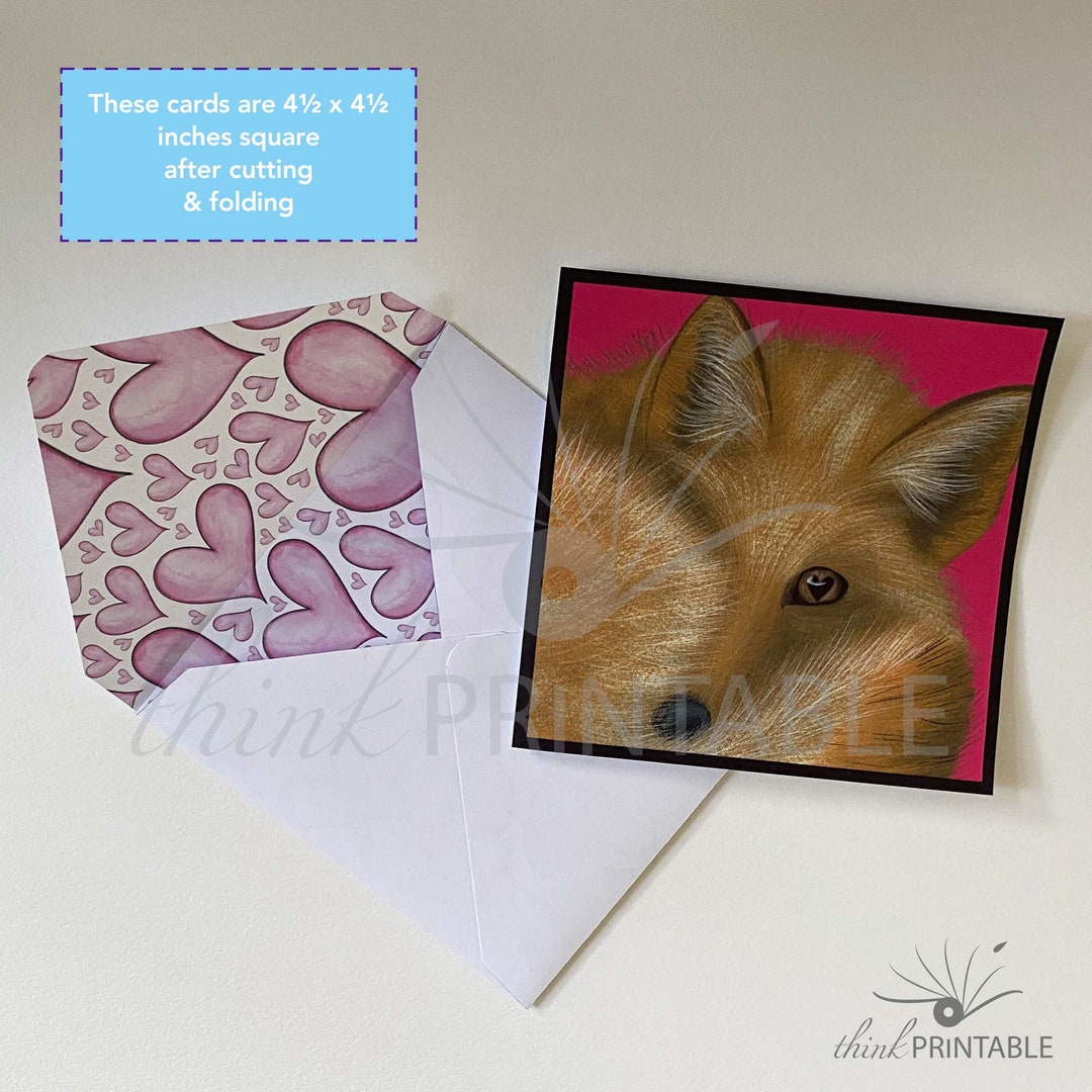 Print-at-home - Birthday Card & Envelope - FOX and HEART, 4.5" Square ...