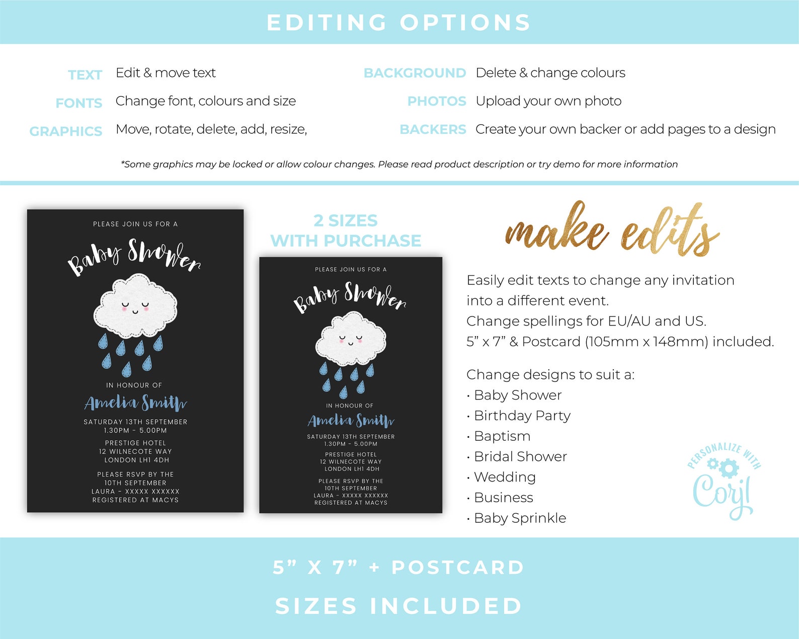Rain Cloud Baby Shower Invitation, Editable Template Instant Download 5 ...