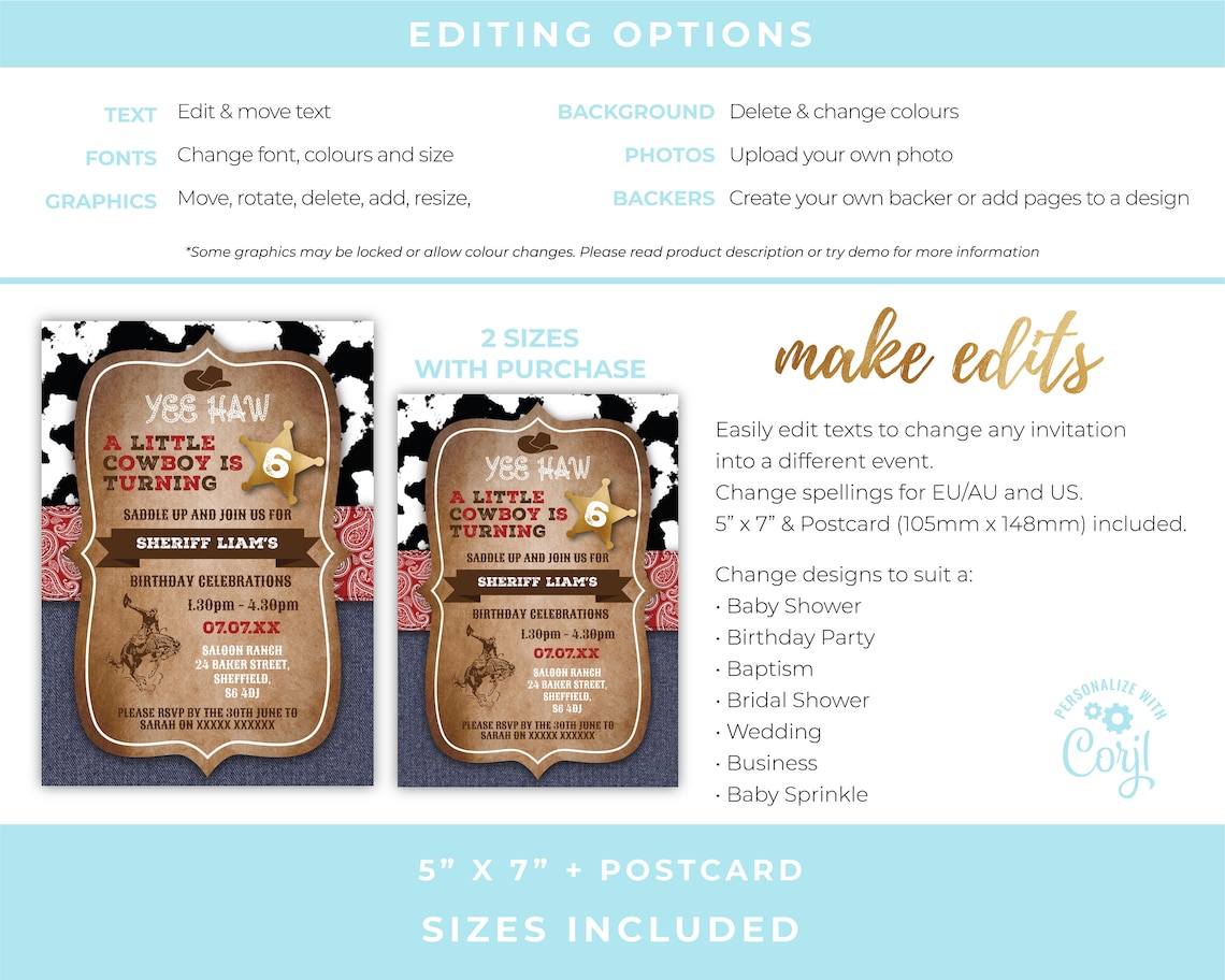 Cowboy Birthday Invitation, Editable Invitation Instant Download 5 X 7 ...