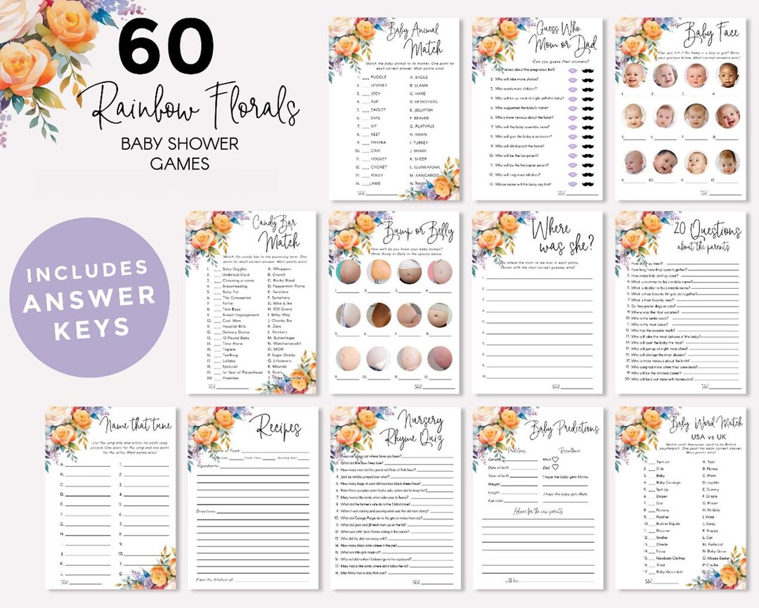 Rainbow Floral Baby Shower Game Bundle: 60+ Party Games (digital ...