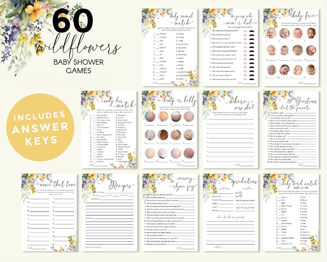 Wildflowers Baby Shower Game Bundle: 60+ Watercolor Party Games 5x7 ...