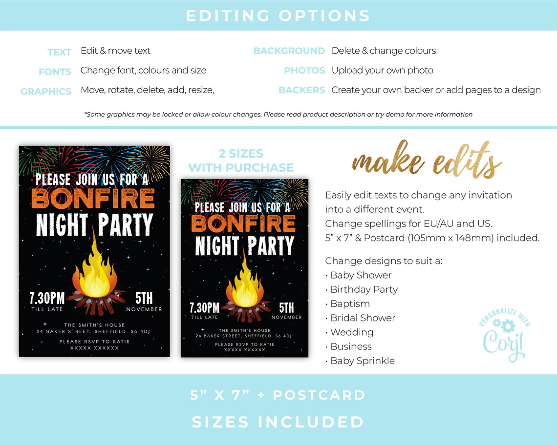 Bonfire Night Party Invitation, Editable Invitation Instant Download 5 ...