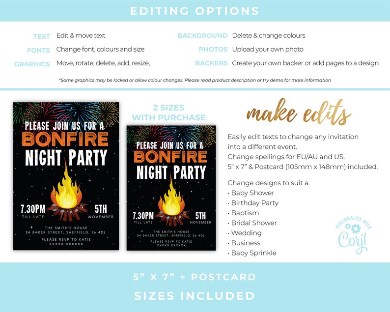 Bonfire Night Party Invitation, Editable Invitation Instant Download 5 ...