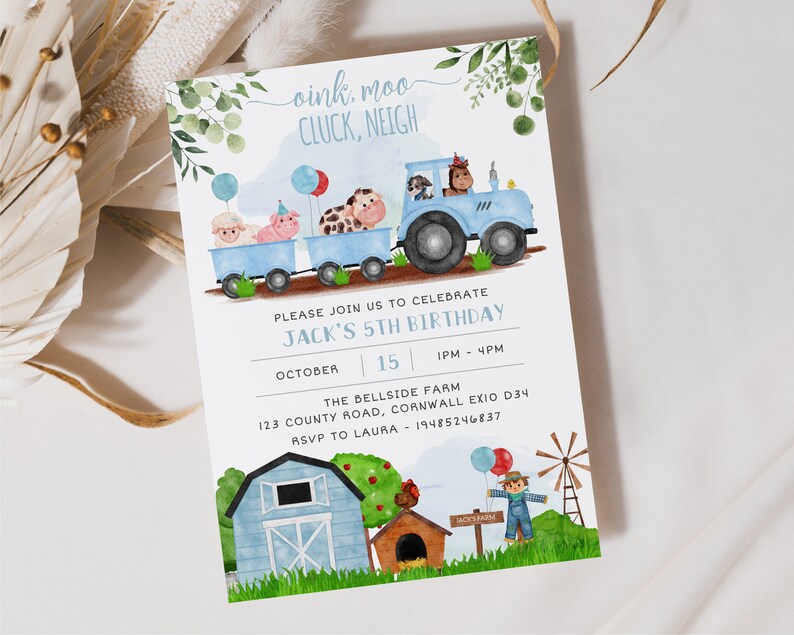 Watercolour Blue Barnyard Birthday Party Invitation, Editable Template ...