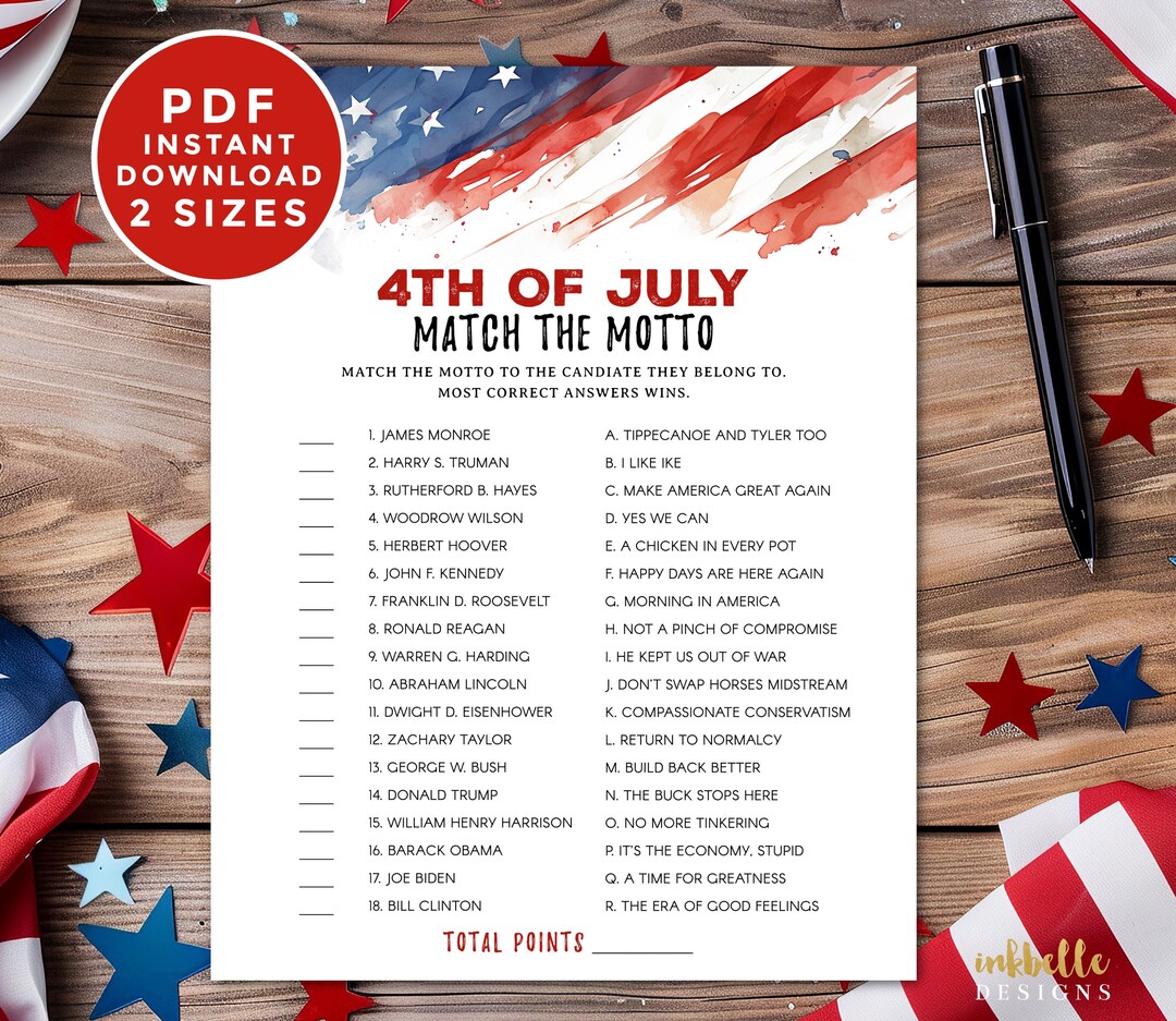 Match the Motto Game | 4th of July Printable Game | Fun Independence ...