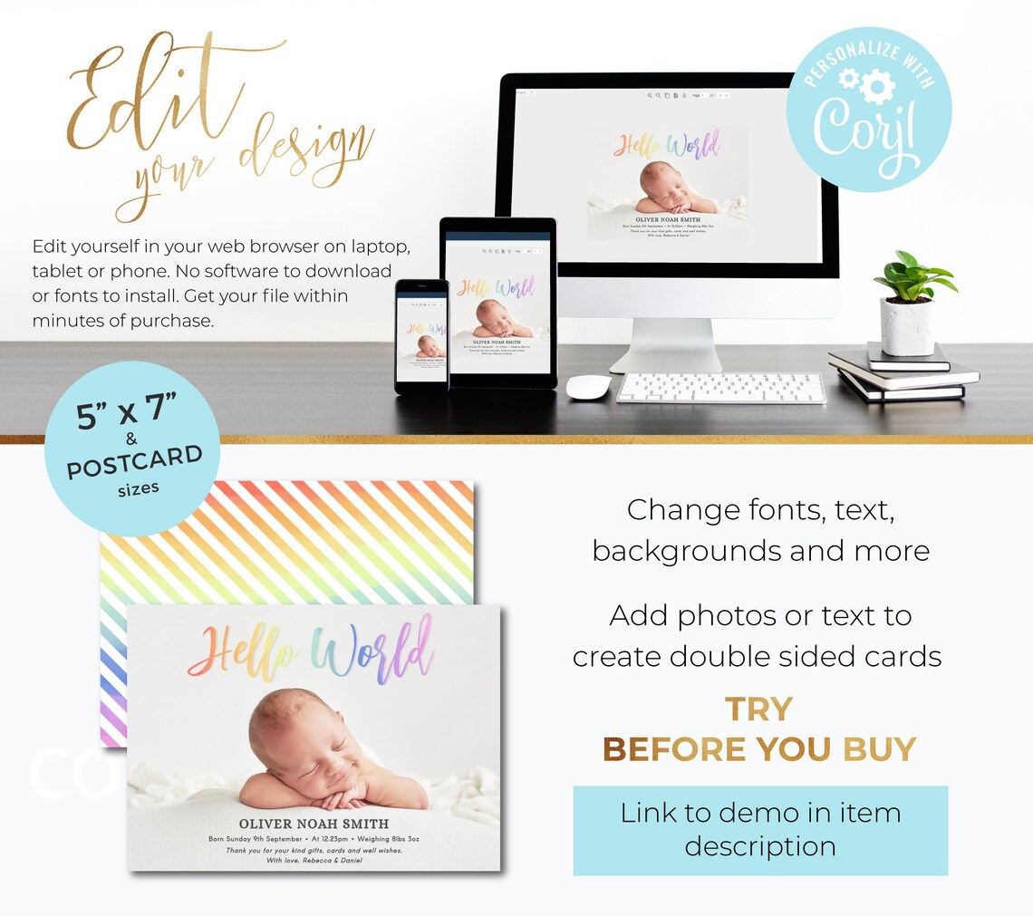 Rainbow Baby Birth Announcement Card Editable Template | Etsy