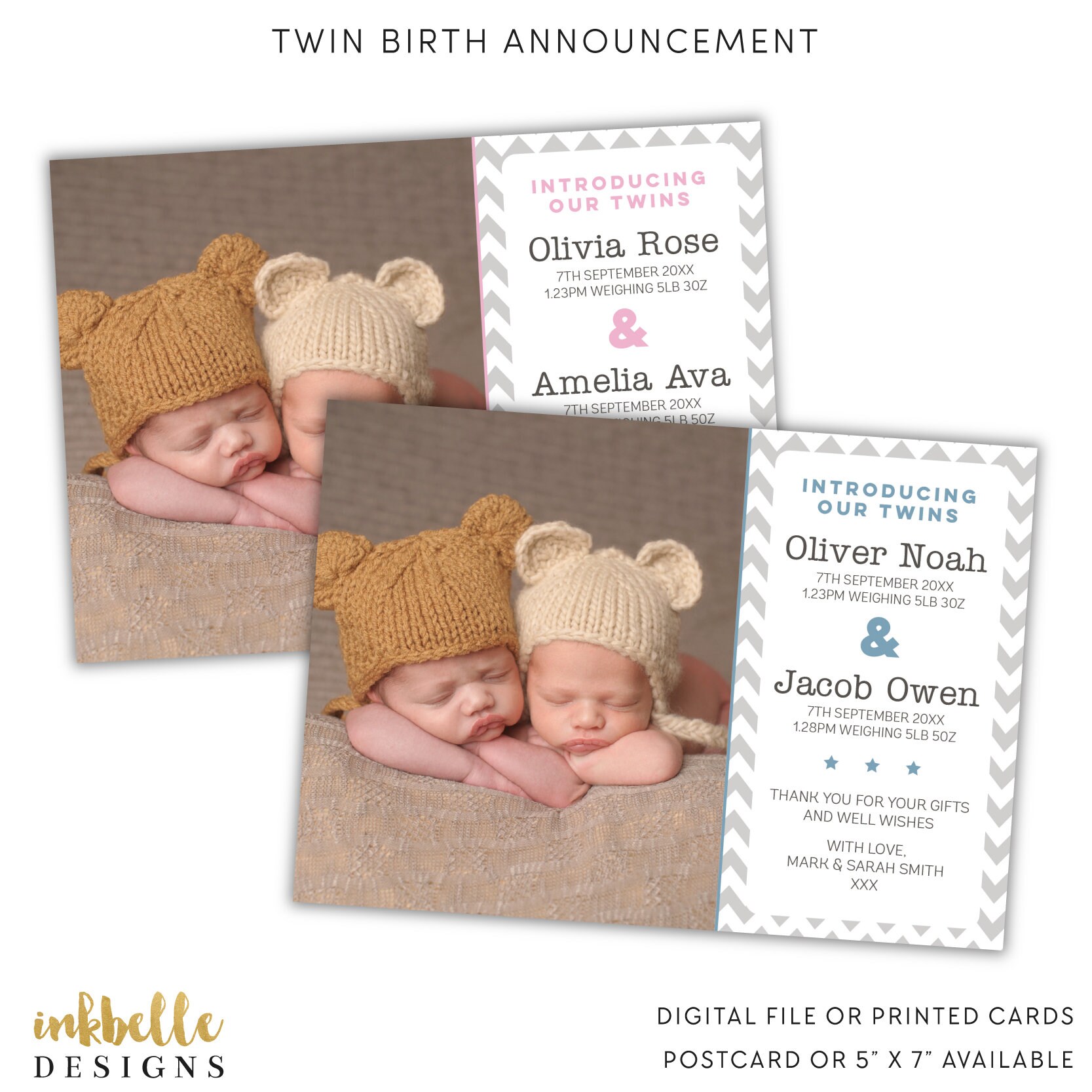 Twins birth announcement card Digital File PDF Printed | Etsy Twins birth announcement card Digital File PDF Printed | Etsy