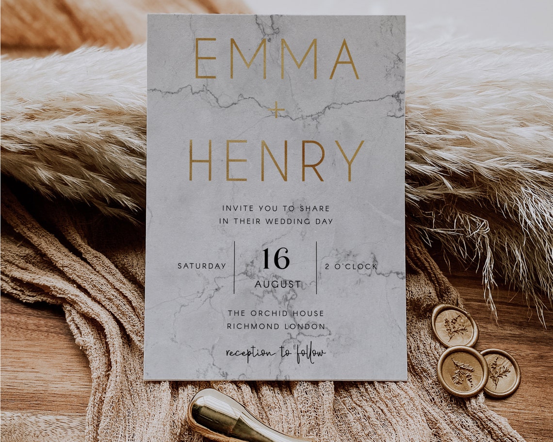 Marble With Gold Wedding Invitation, Editable Template Instant Download ...