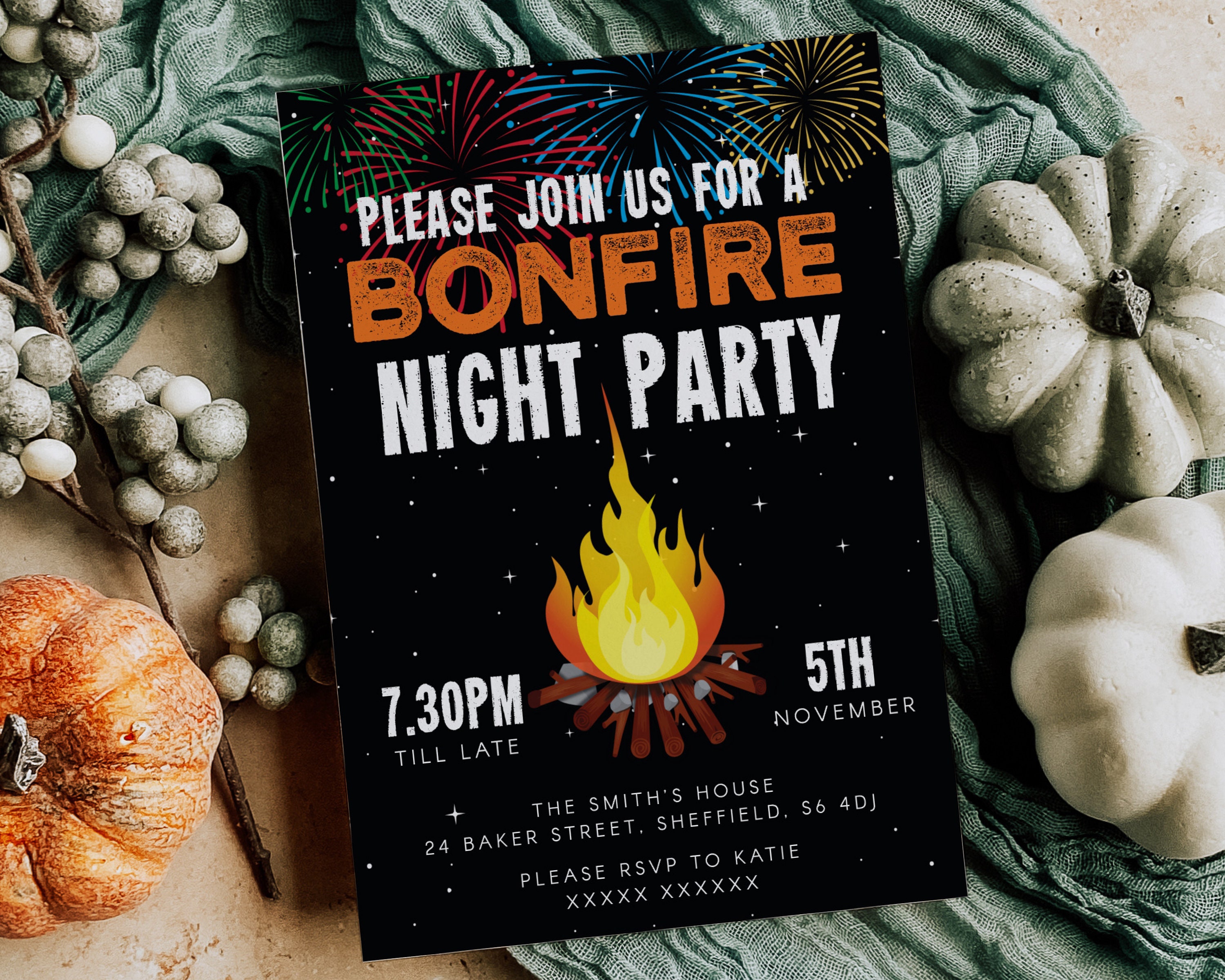 Bonfire Night Party Invitation, Editable Invitation Instant Download 5 ...
