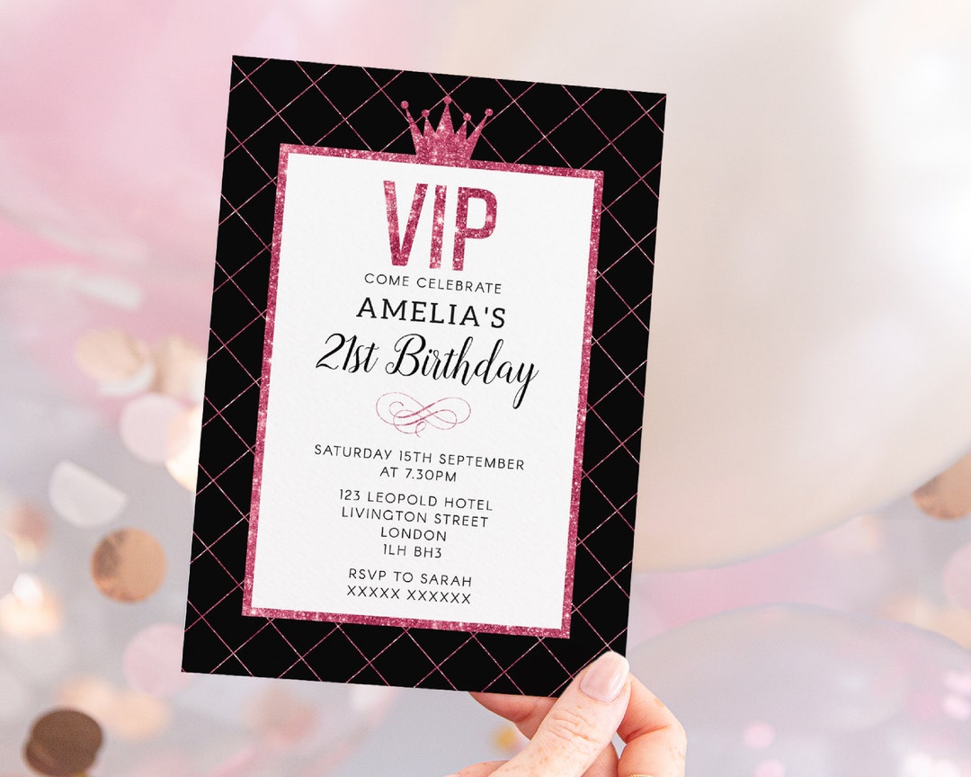 Pink Glitter VIP Birthday Invitation: Editable Template (digital ...