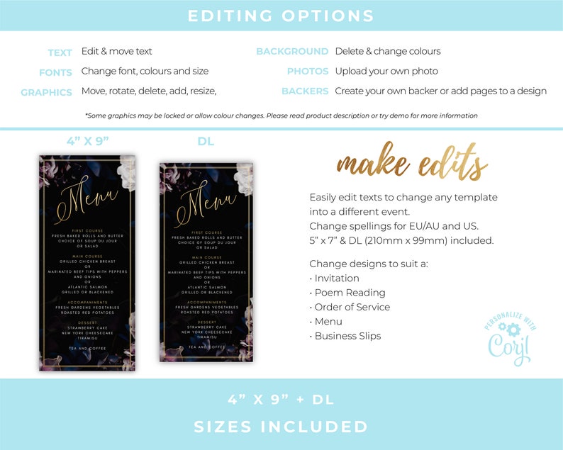Menu Editable Template Instant Download Enchanted Floral and Gold ...