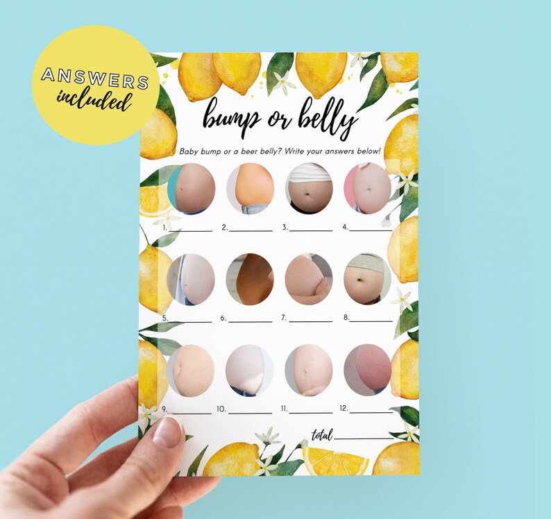 Bump or Beer Belly Quiz Baby Shower Game Lemon Theme, Baby Shower Party ...