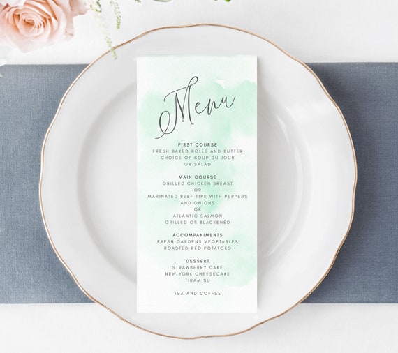 Menu Editable Template Instant Download Mint Watercolor Lunch | Etsy