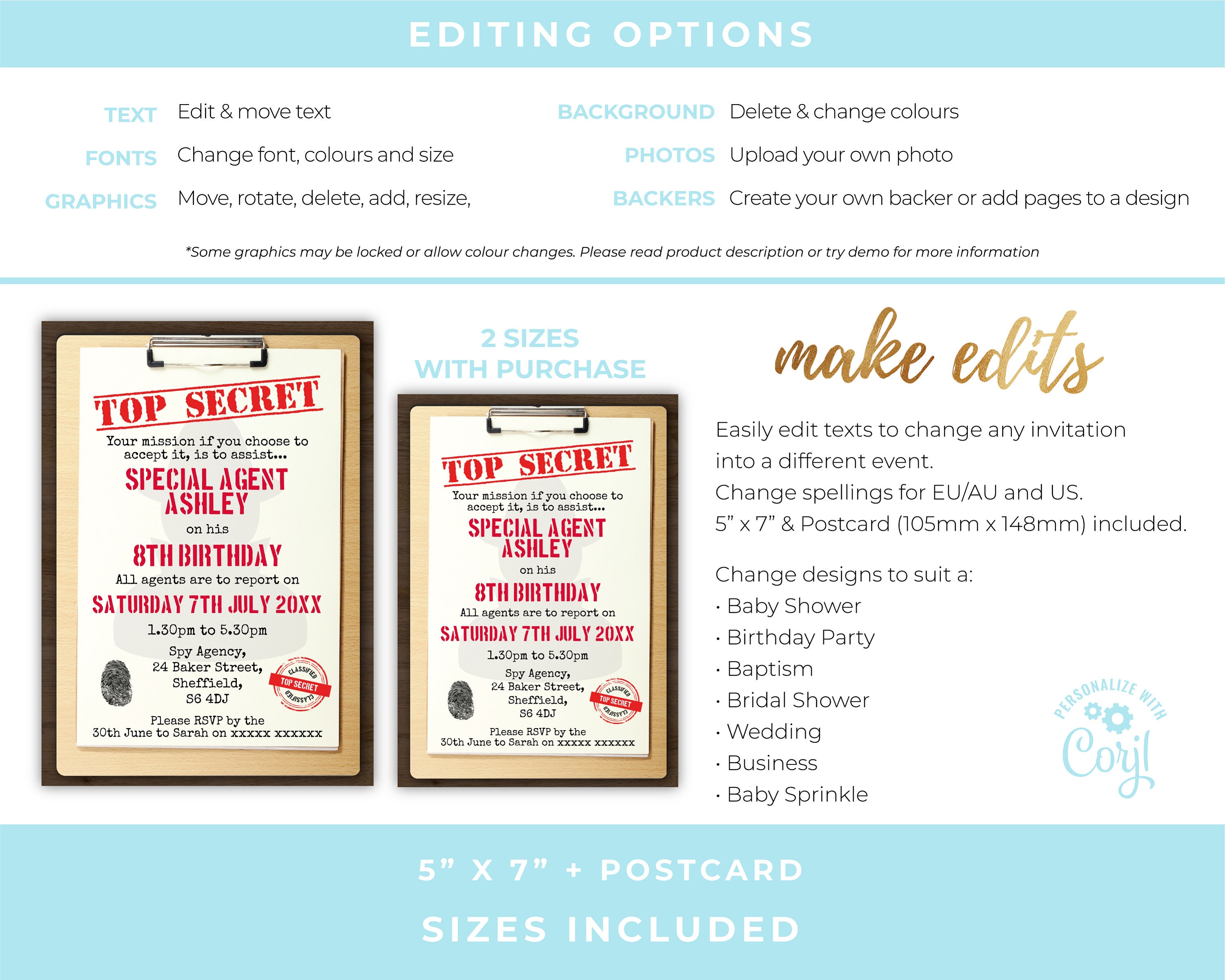 Spy Birthday Invitation: Secret Agent Party, Editable Template (digital ...