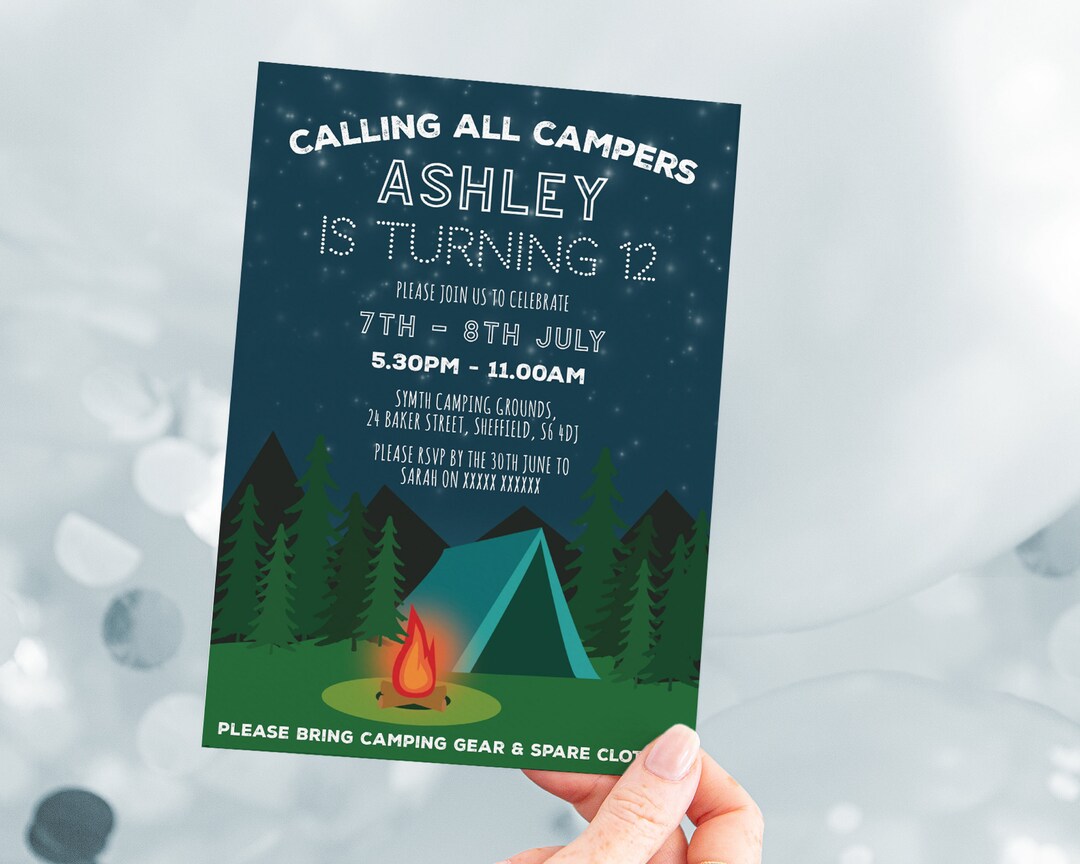 Invitación de cumpleaños de camping, invitación editable Descarga ...