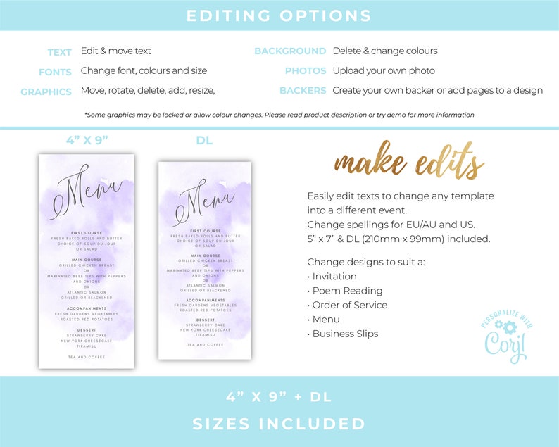 Menu Editable Template Instant Download Lilac Watercolor Lunch - Etsy