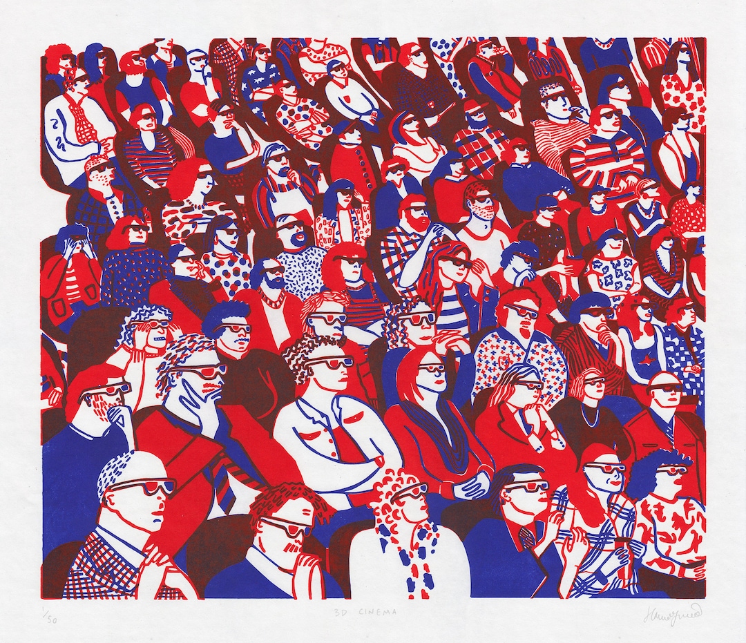 3D Glasses Movie Theatre Linocut Print Linoprint Limited Edition ...