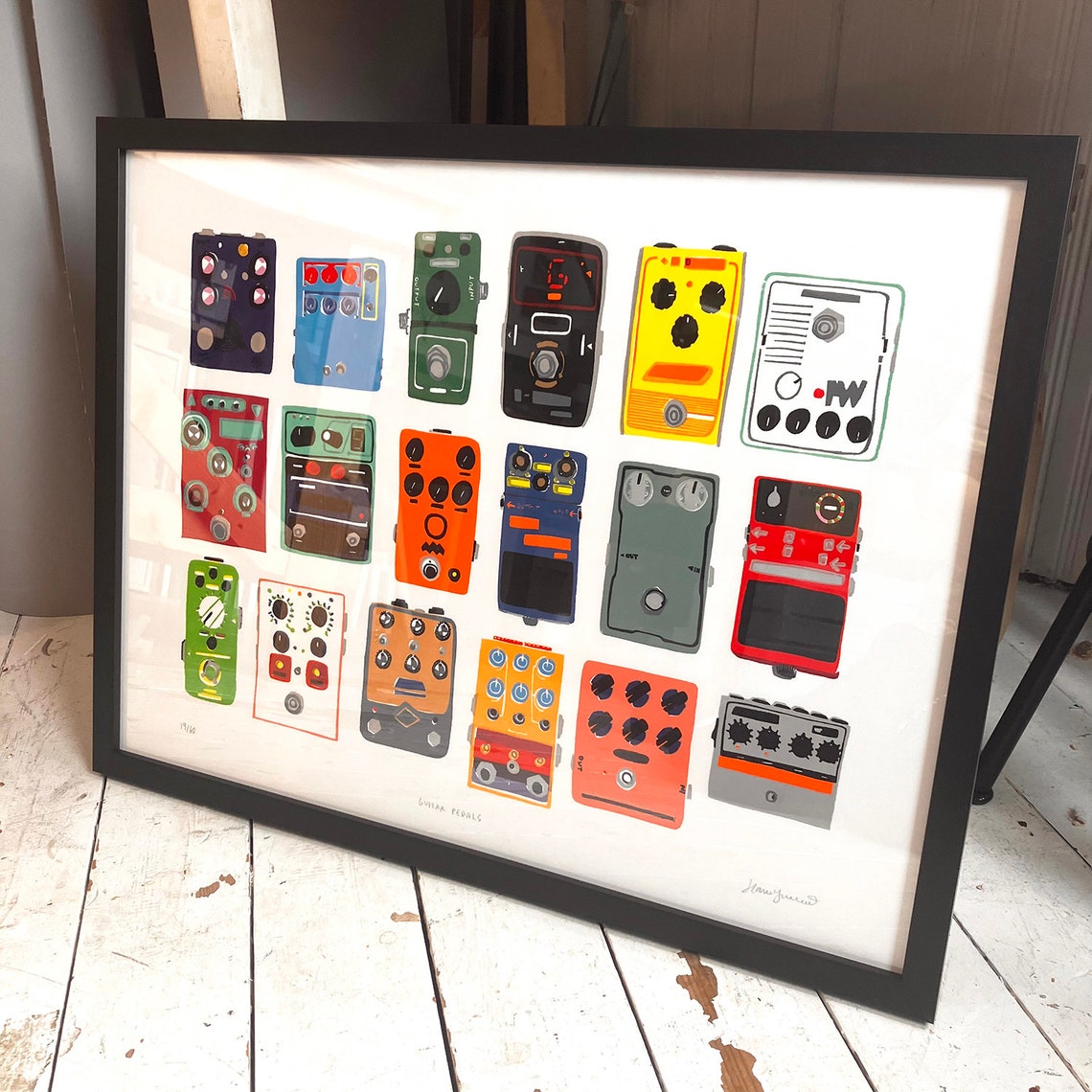 Guitar Pedals Linocut Print | Electric Guitar Pedal Board | Printmaking ...