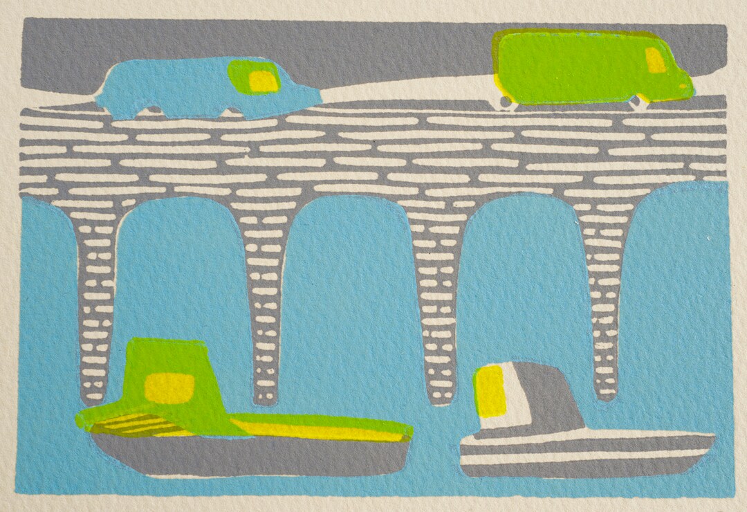 Linocut Print | Limited Edition Linoprint | Bridge Cars Viaduct Print ...