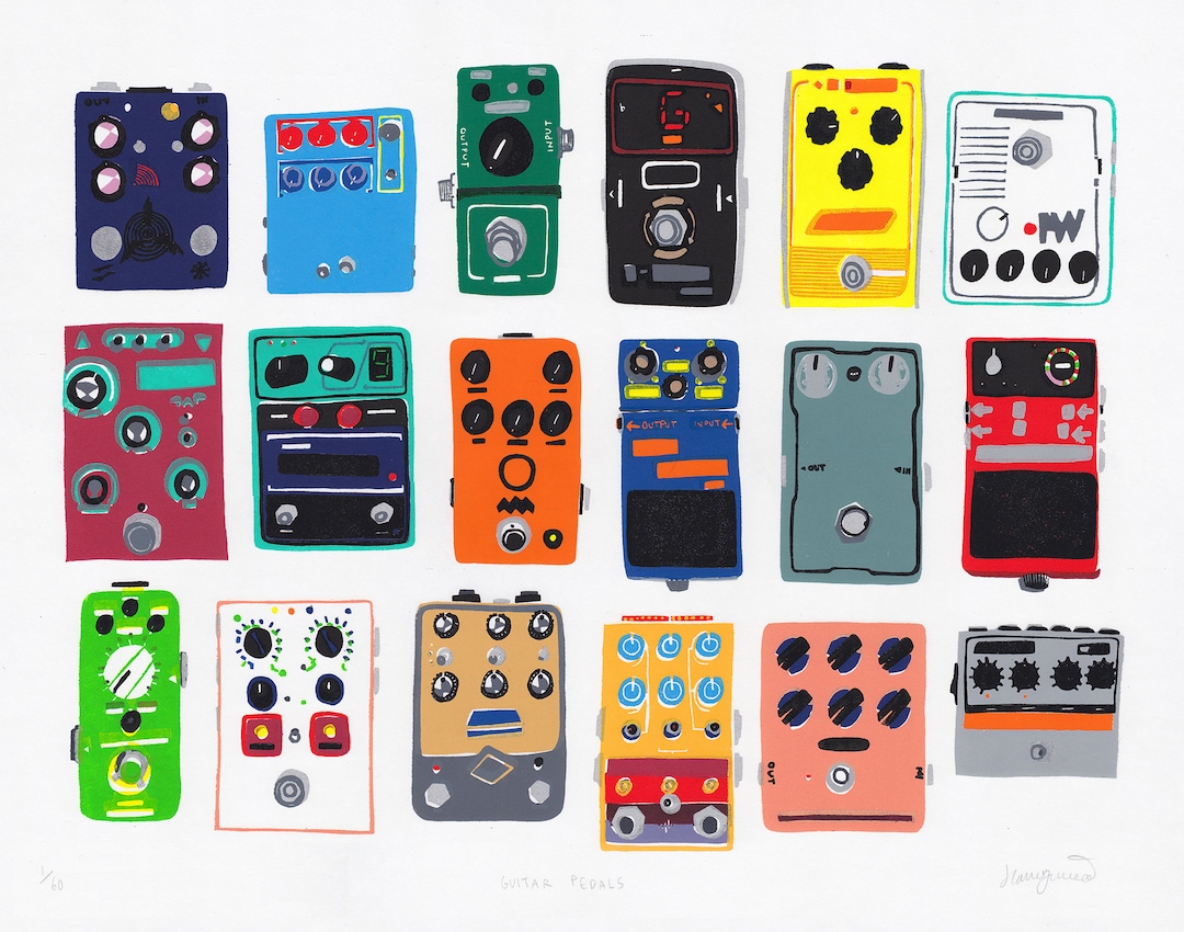 Guitar Pedals Linocut Print | Electric Guitar Pedal Board | Printmaking ...