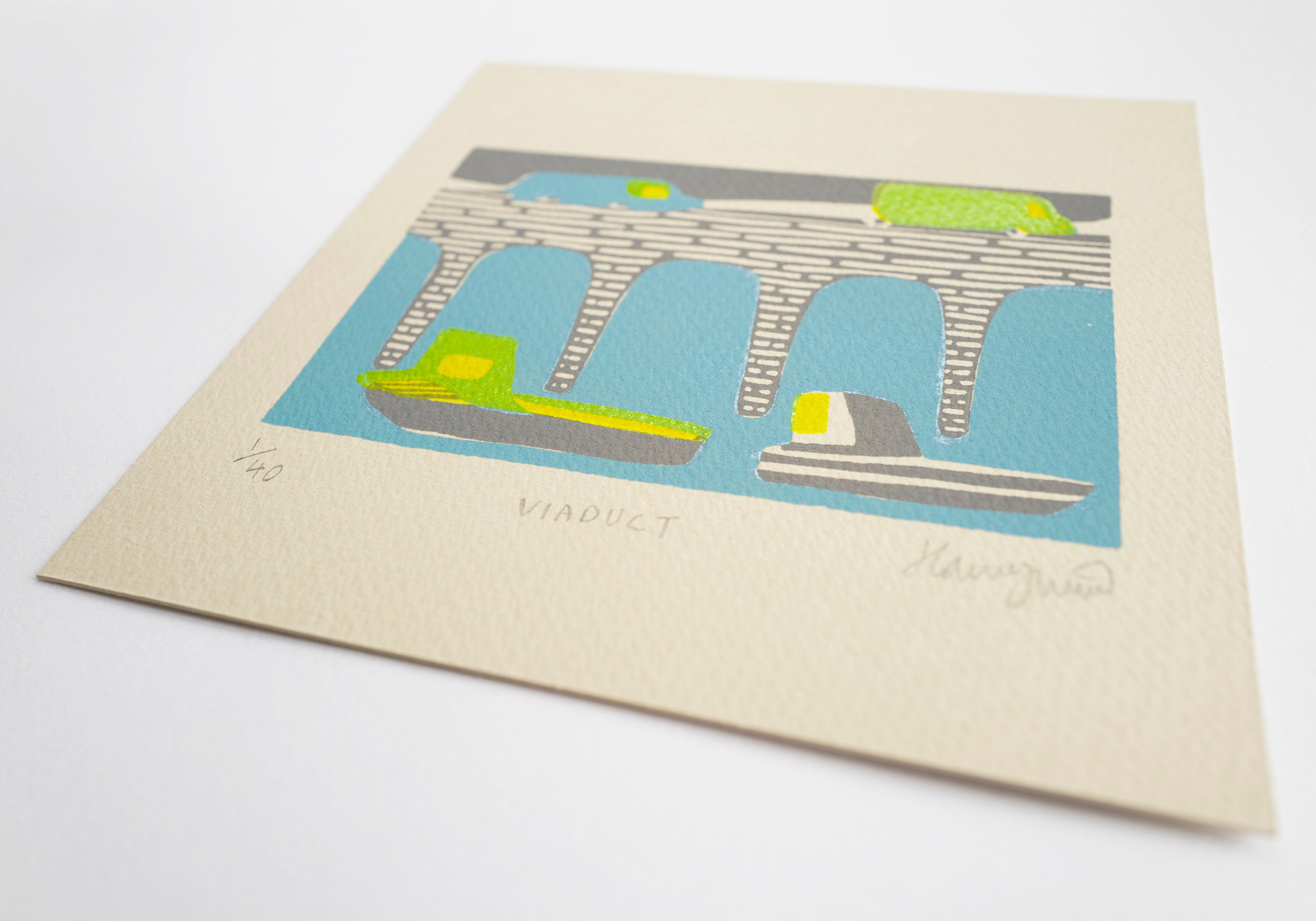 Linocut Print | Limited Edition Linoprint | Bridge Cars Viaduct Print ...