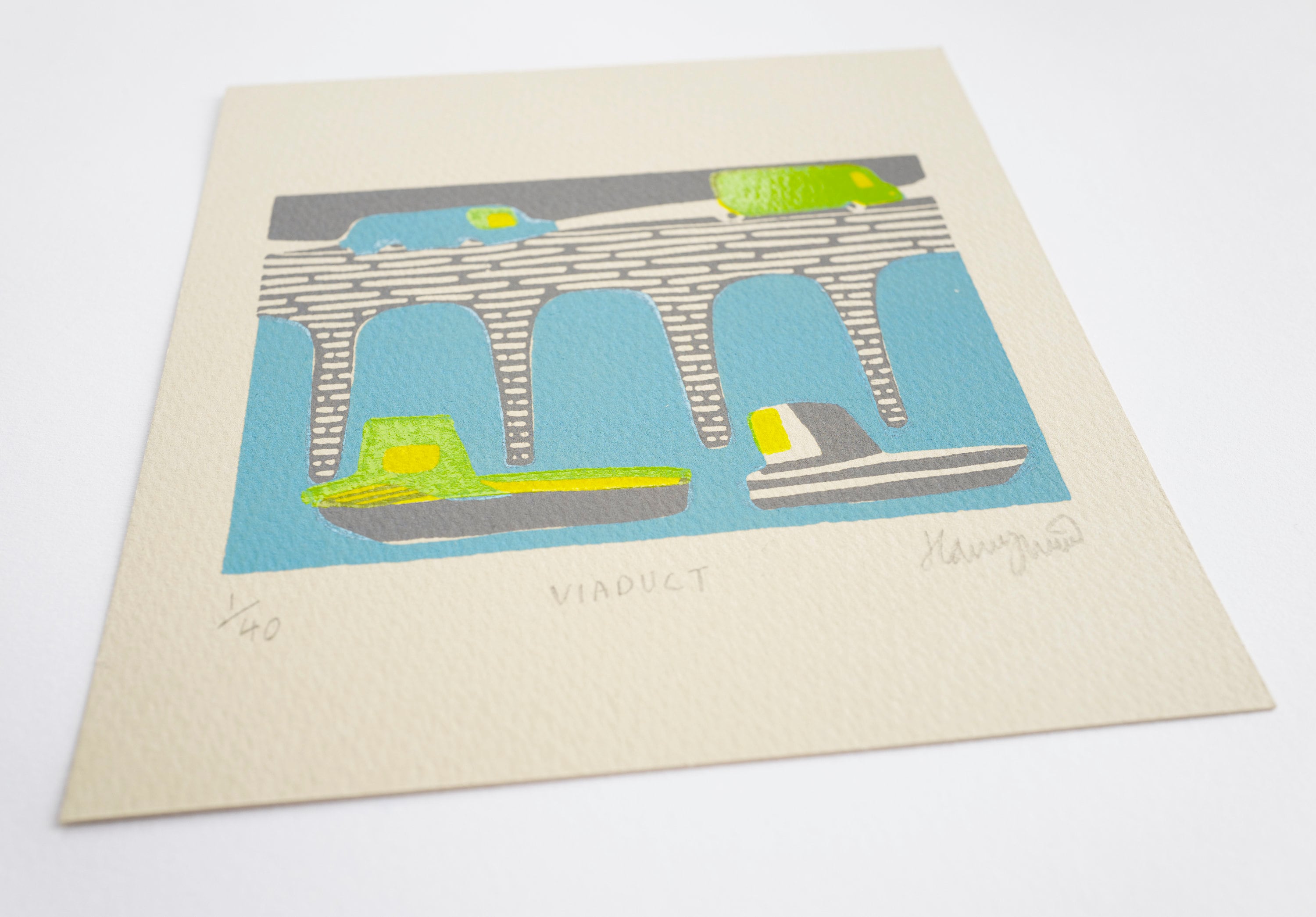 Linocut Print | Limited Edition Linoprint | Bridge Cars Viaduct Print ...