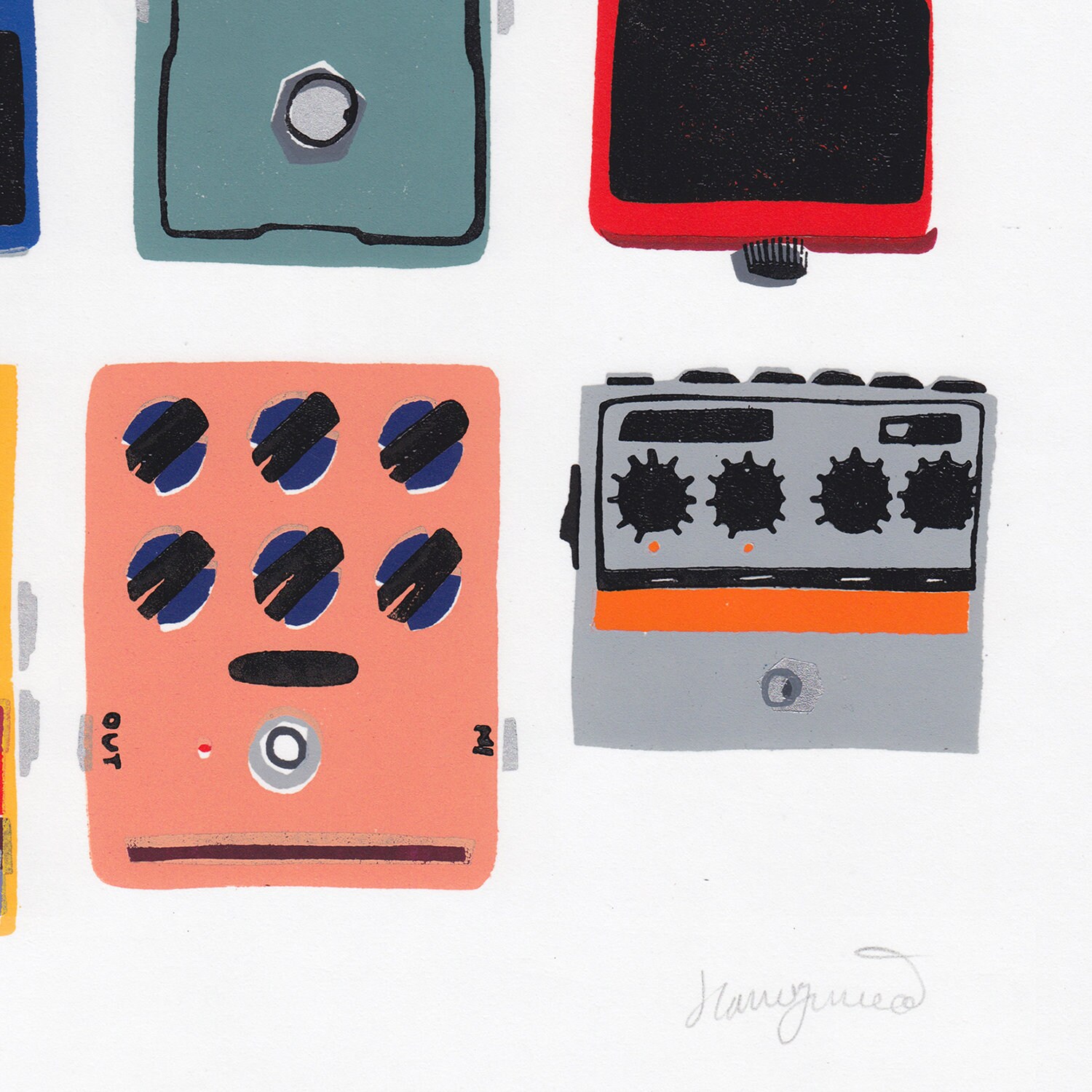 Guitar Pedals Linocut Print | Electric Guitar Pedal Board | Printmaking ...