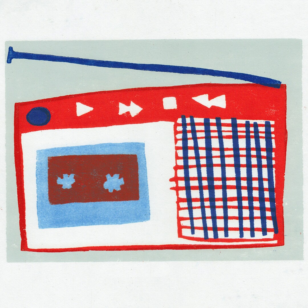 Woodcut Print Cassette Player | Retro Art Print | Cassette Tape | 1990s ...
