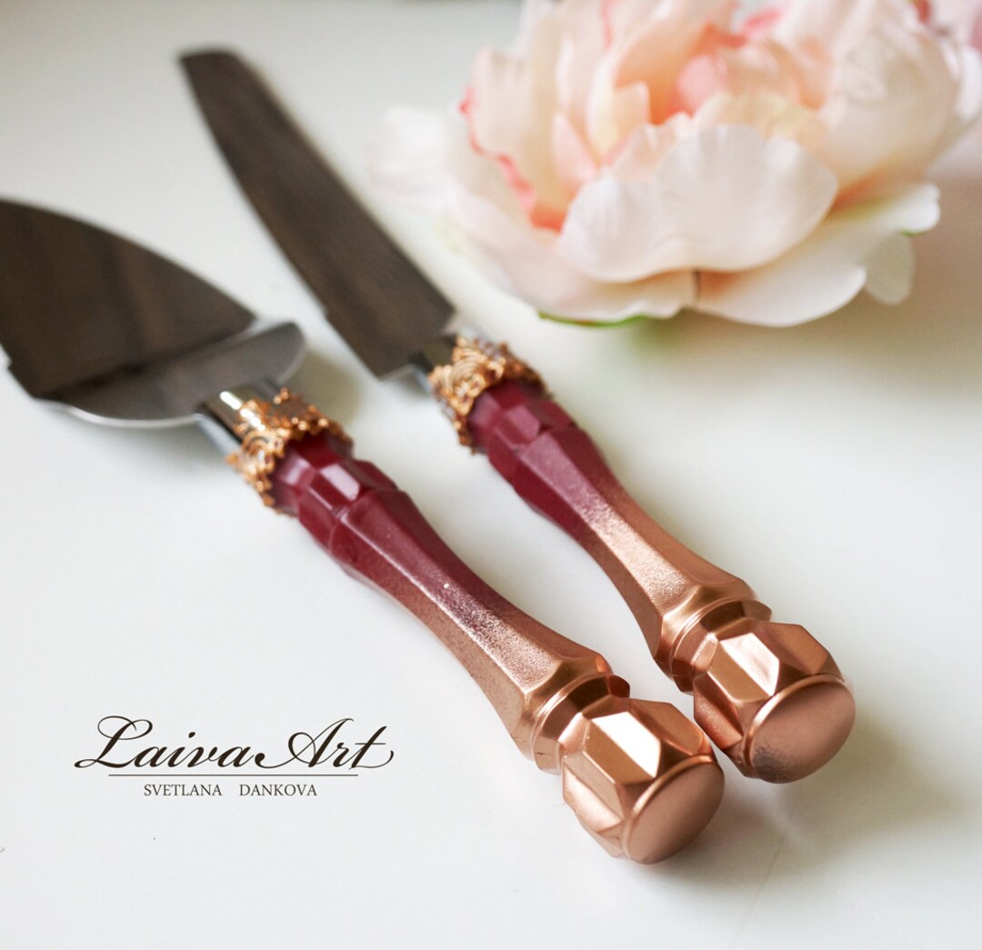Rose Gold and Burgundy Wedding Cake Server Set & Knife Cake - Etsy