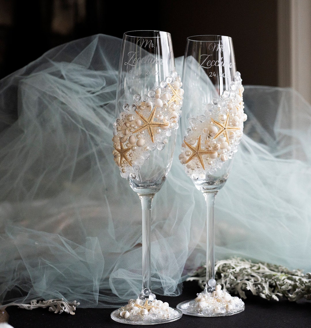 Personalized Beach Wedding Glasses Wedding Champagne Glasses Wedding Toasting Flutes Set of 2 Etsy
