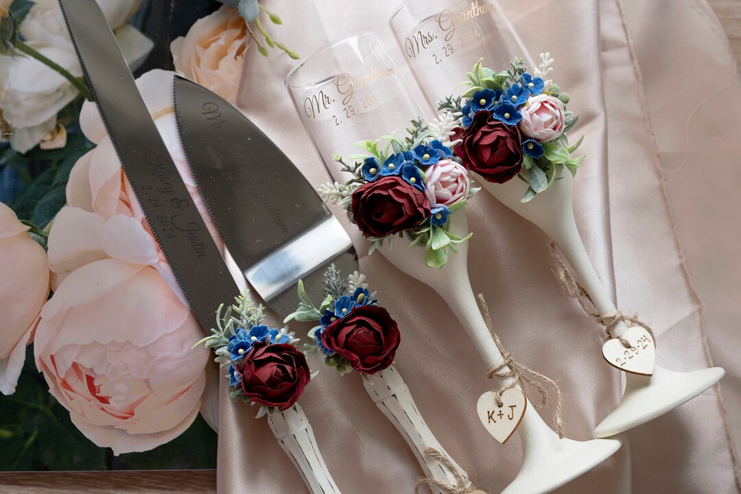 Personalized Wedding Glasses and Cake Server Set Toasting Flutes Bride ...