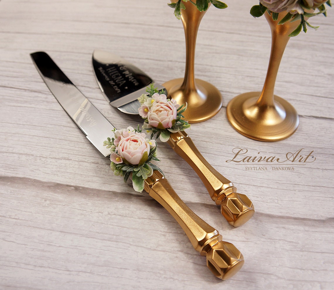 Personalized Gold Wedding Cake Server Set & Knife Wedding Cake | Etsy