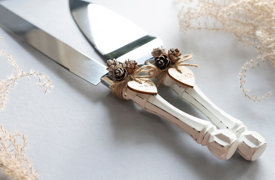 Rustic Wedding Cake Server and Knife Set Maroon Cake Cutter Set Cake ...