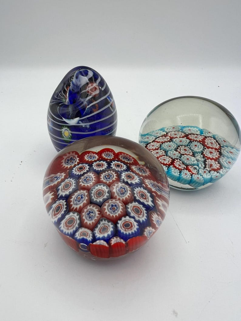 3 Vintage Murano STYLE Art Glass Multicolor Millefiori Paperweights ...