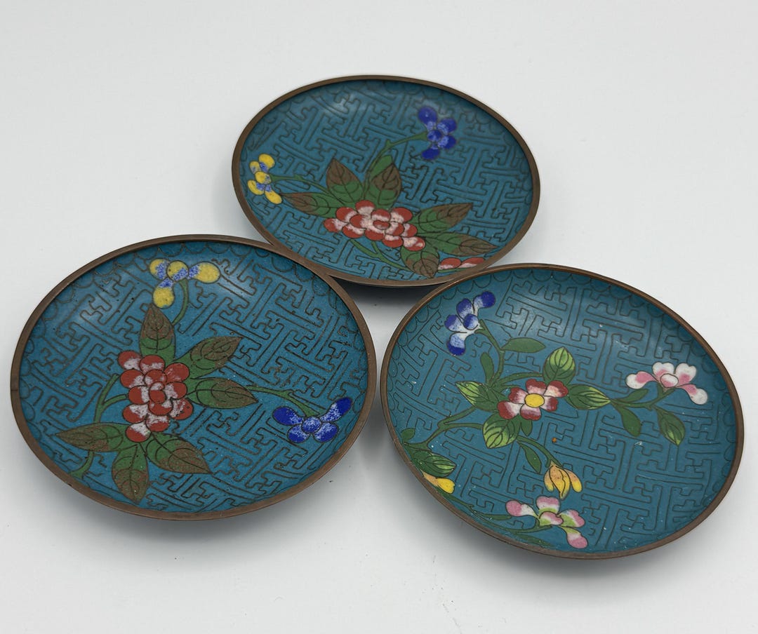 Chinese Cloisonné Plates – Light Blue, Turquoise With Flowers and ...