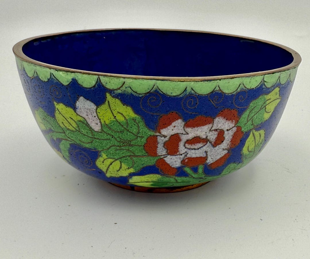 Vintage Chinese Cloisonné Bowl – Cobalt Blue With Light Green Scallops ...