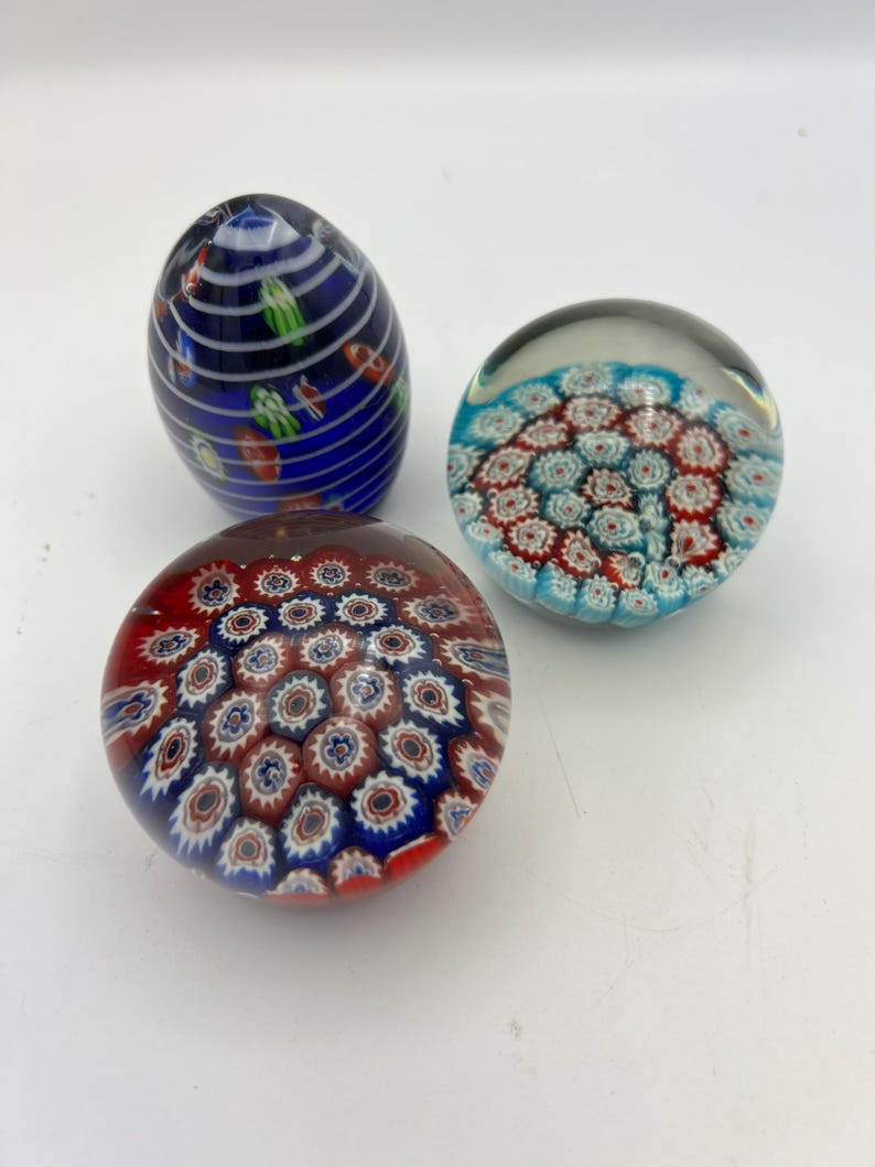 3 Vintage Murano STYLE Art Glass Multicolor Millefiori Paperweights ...