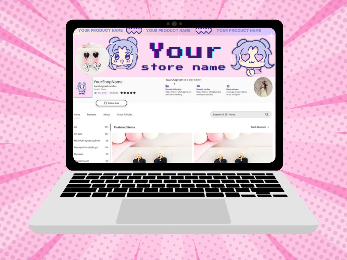 KAWAII Basic Store Template Pink, Hearts, Cute Anime, Digital Etsy Shop ...